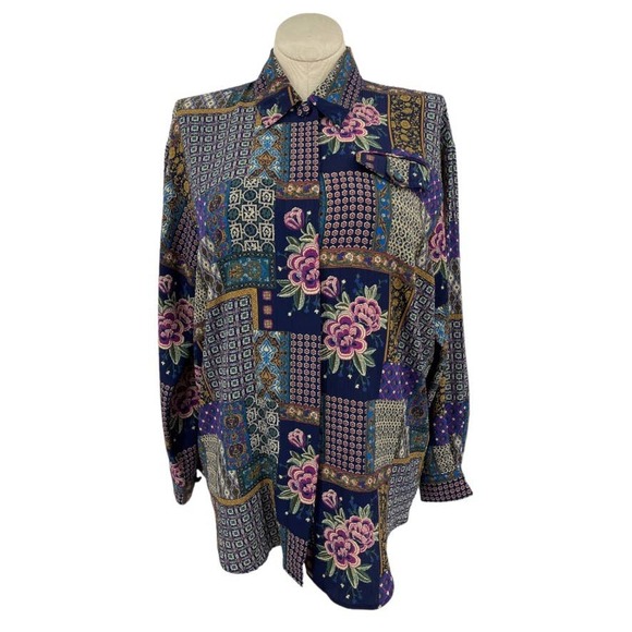 Vintage | Tops | Vintage 9s Patchwork Print Blouse Long Sleeve Blue ...